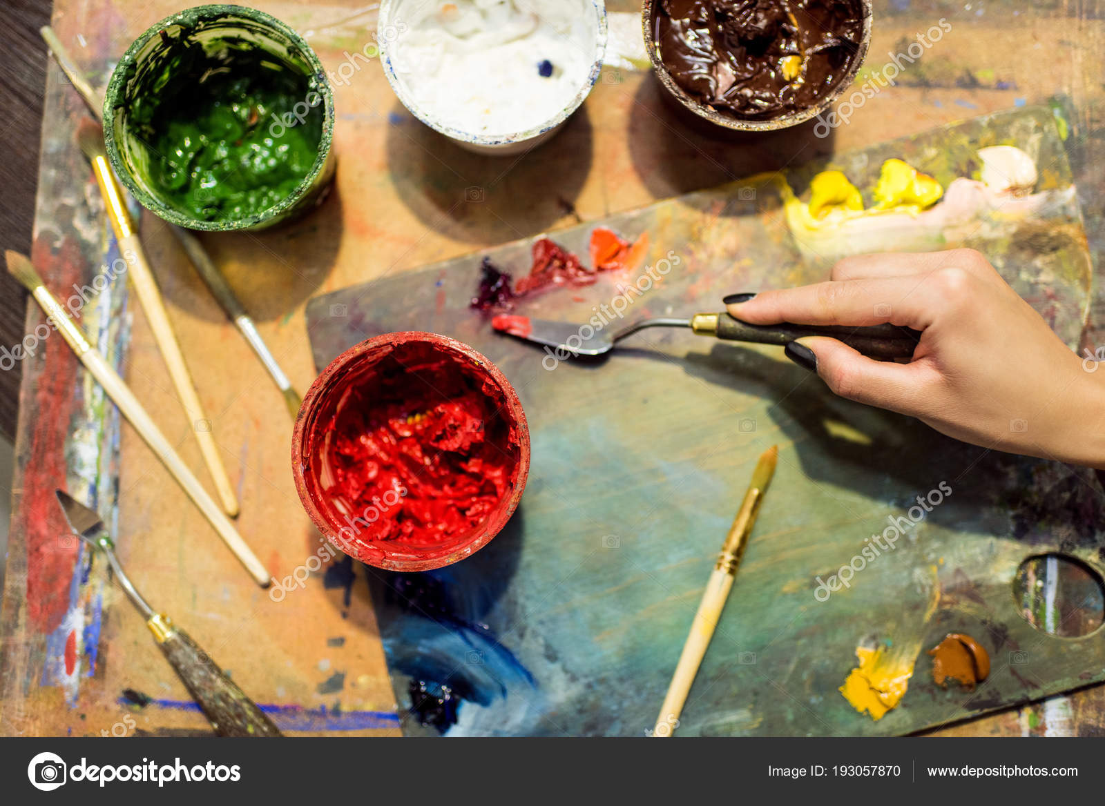 Cropped Image Artist Applying Paint Palette Workshop — Stock Photo ...