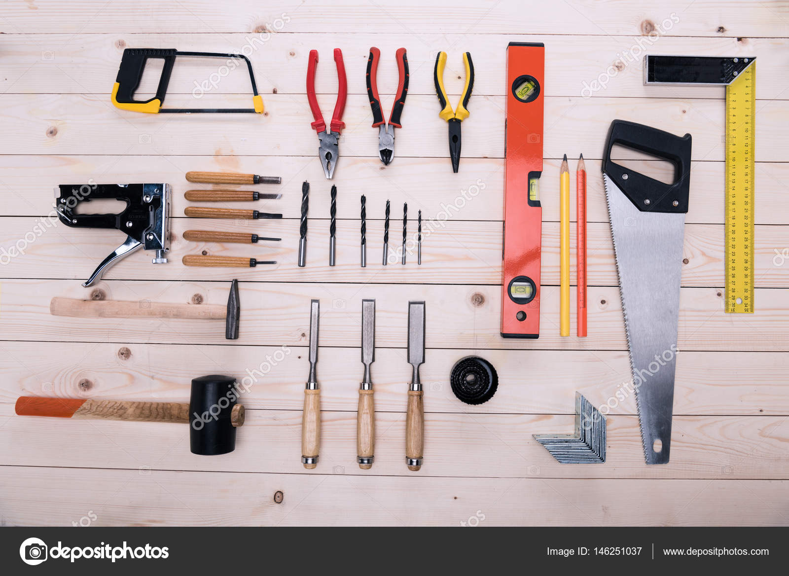 Top view of set of construction tools on wooden table — Stock Photo ...