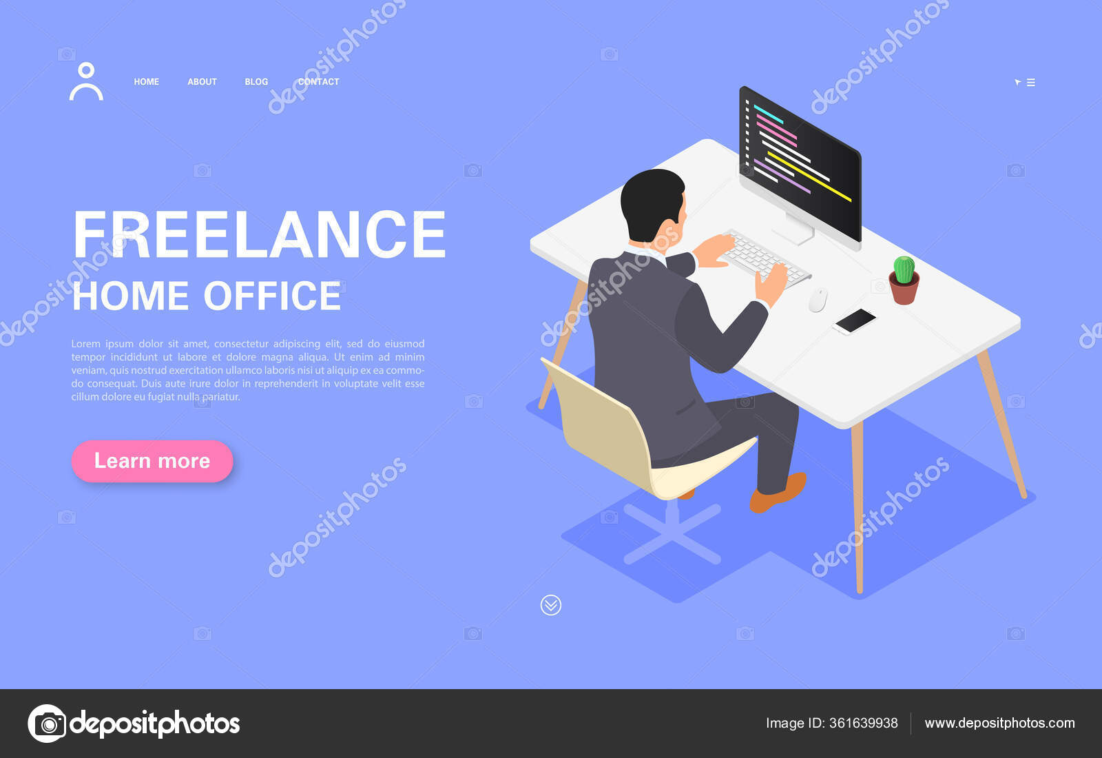 Remote work banner concept. A man works on a computer at his desk ...