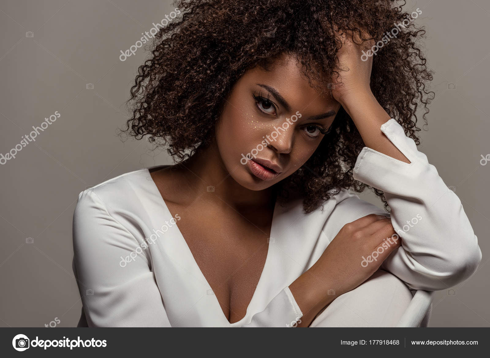 Young Tender African American Woman White Shirt Rests Hand Isolated