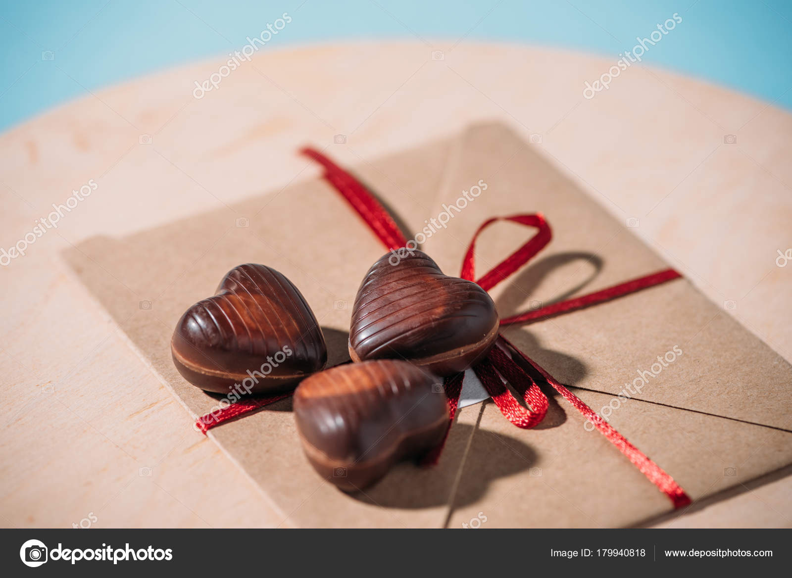 Close View Heart Shaped Chocolate Candies Envelope Red Ribbon Selective ...