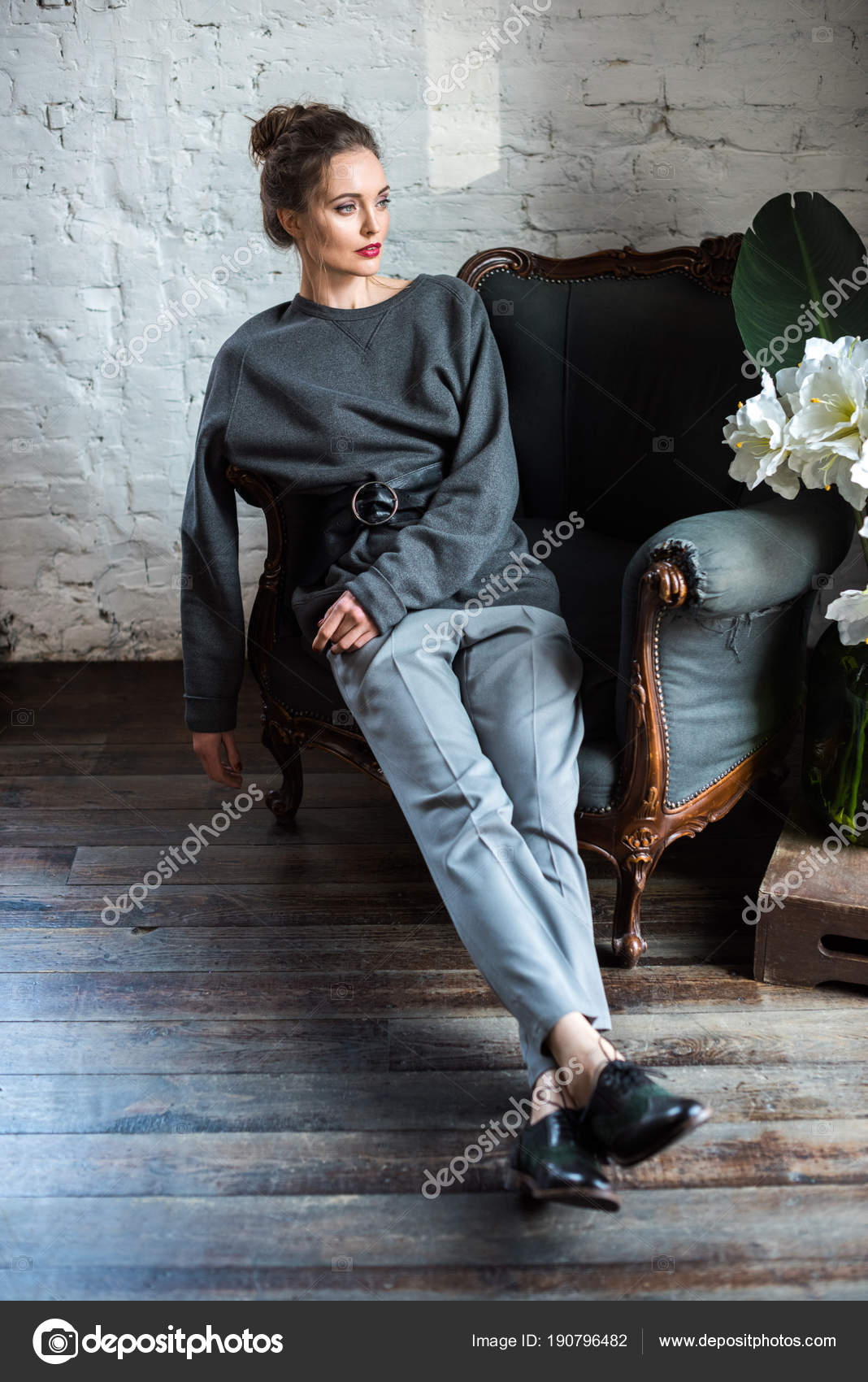 Beautiful Brunette Woman Trendy Grey Clothes Leather Shoes Sitting ...