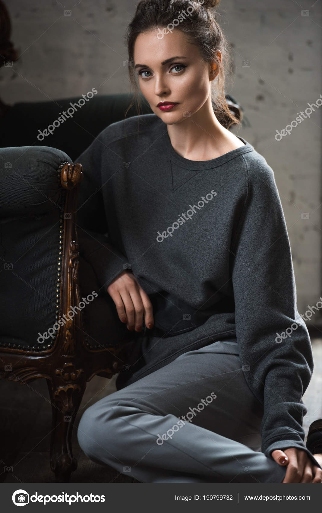 Beautiful Brunette Woman Stylish Grey Clothes Leaning Armchair Looking ...