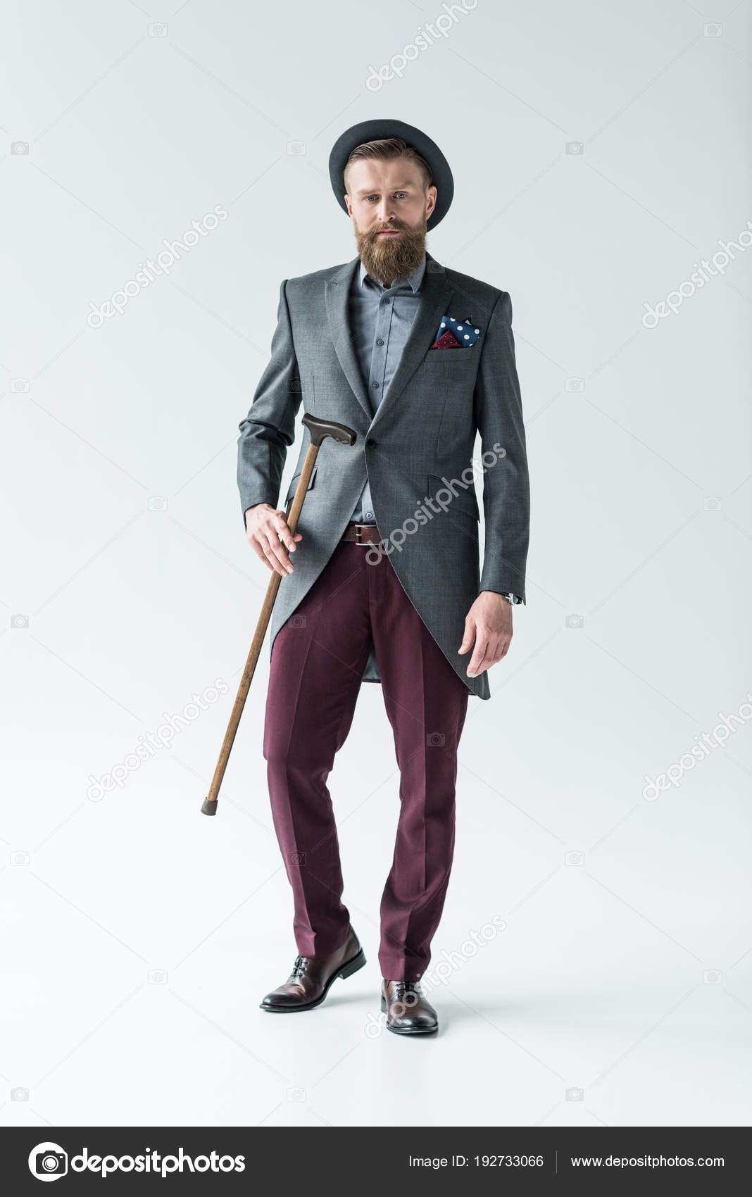 Stylish Bearded Man Holding Cane Light Background — Stock Photo © Y ...