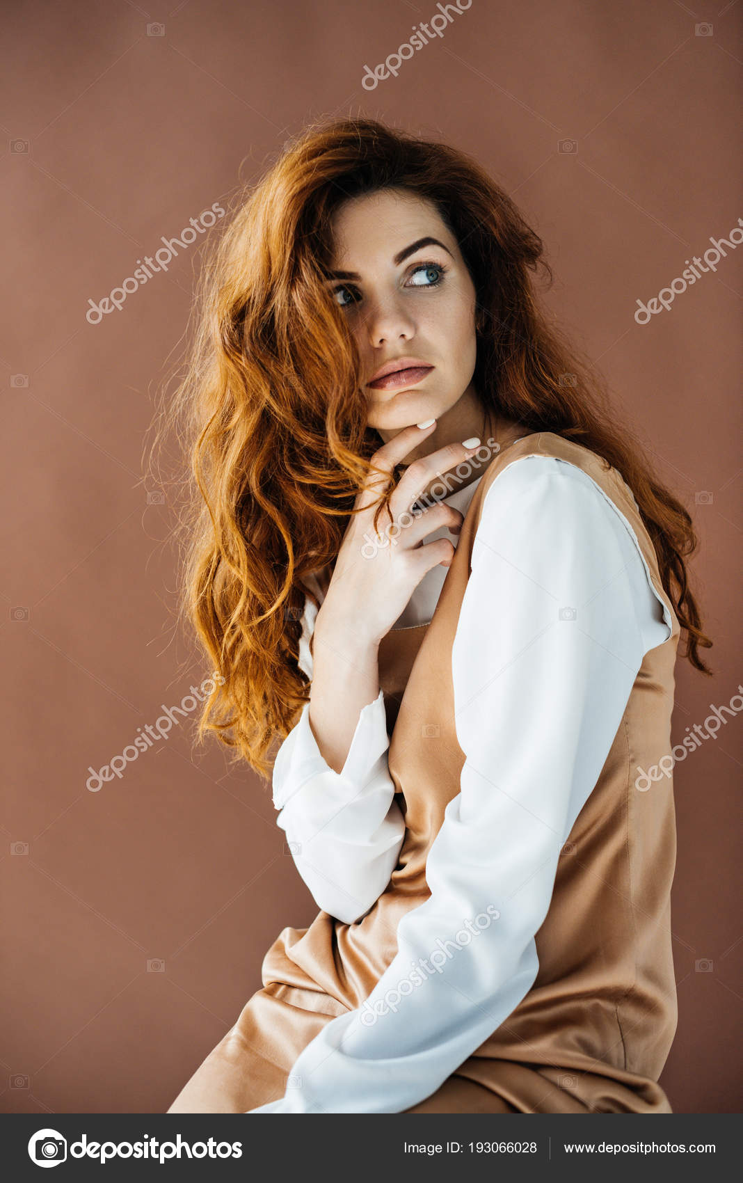 Woman Long Red Hair Posing Hand Face Isolated Brown Background Stock