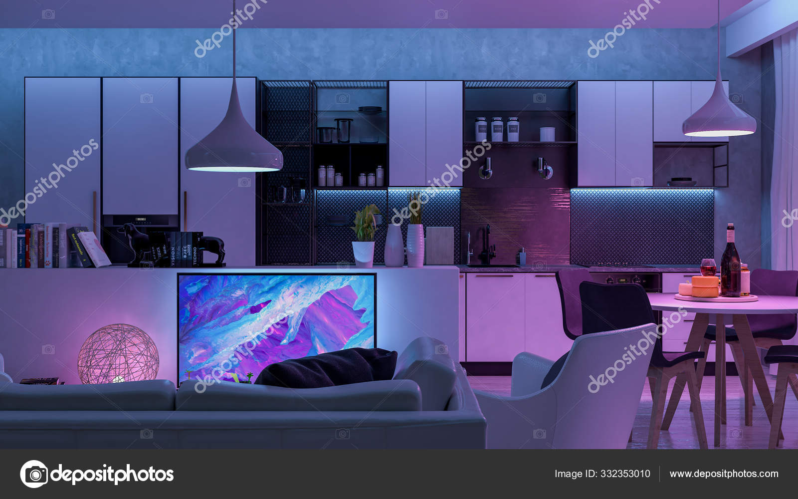 Modern Living room with colored led light - Smart home — Stock Photo ...