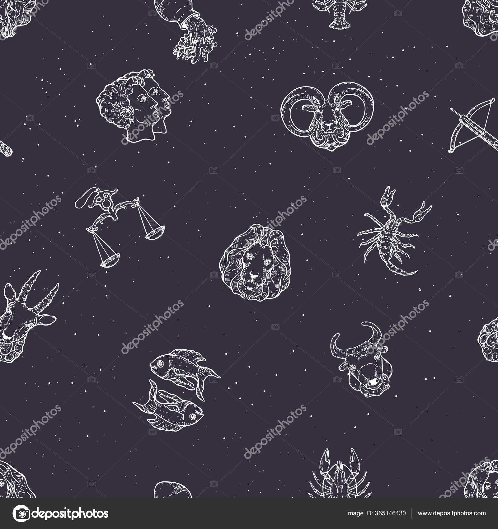 Seamless pattern with zodiac signs. Vector illustration. Starry sky ...