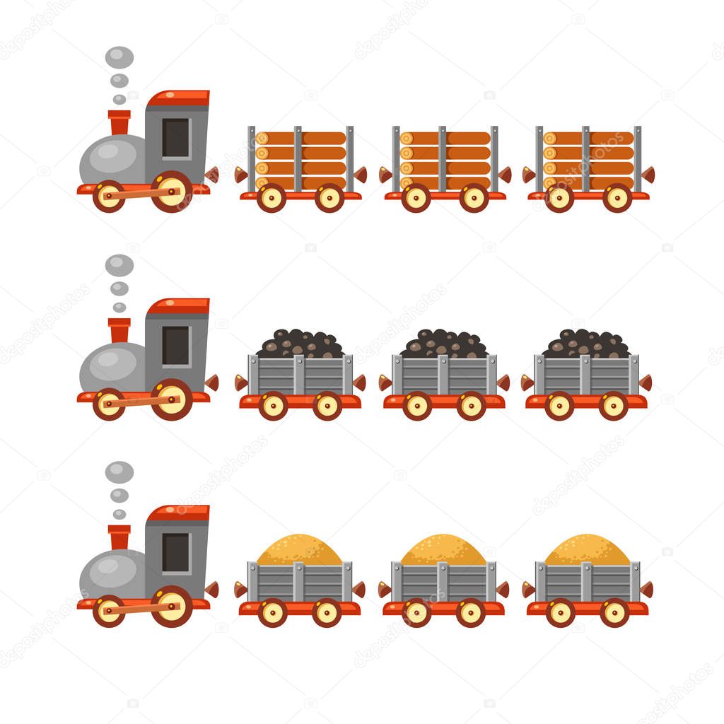 Conjunto vectorial de trenes de mercancías con madera, carbón y arena ...