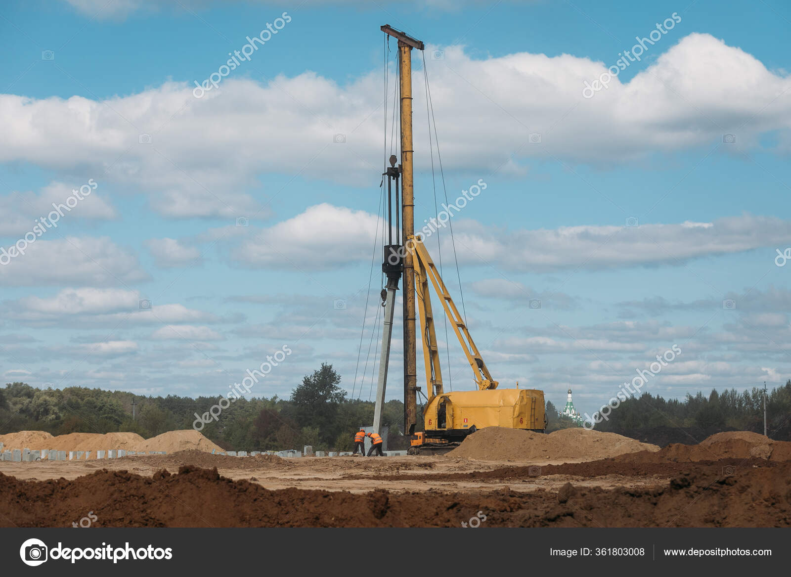 Big Yellow Pile Driver Sunny Day Construction Site Sand Work — Stock ...