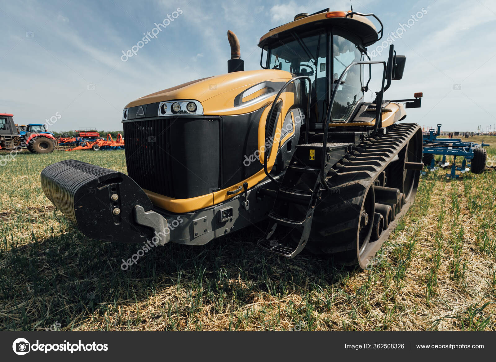 Yellow Caterpillar Tractor Summer Day Field Test Drive Plowing Land ...
