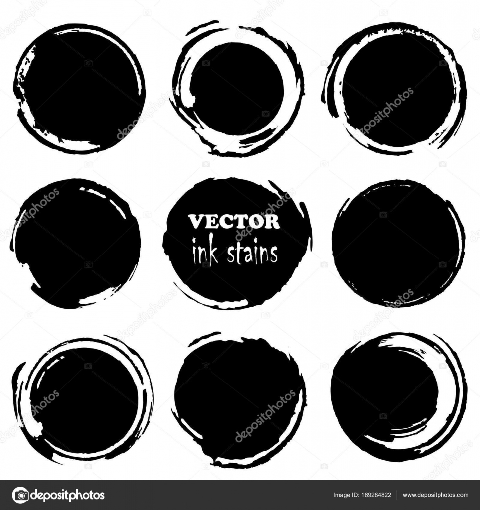 Set of black ink round splash. Circle frame painted, bstract ...