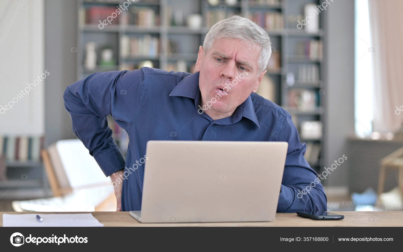 Tired Middle Aged Man having Back Pain while Working on Laptop — Stock ...