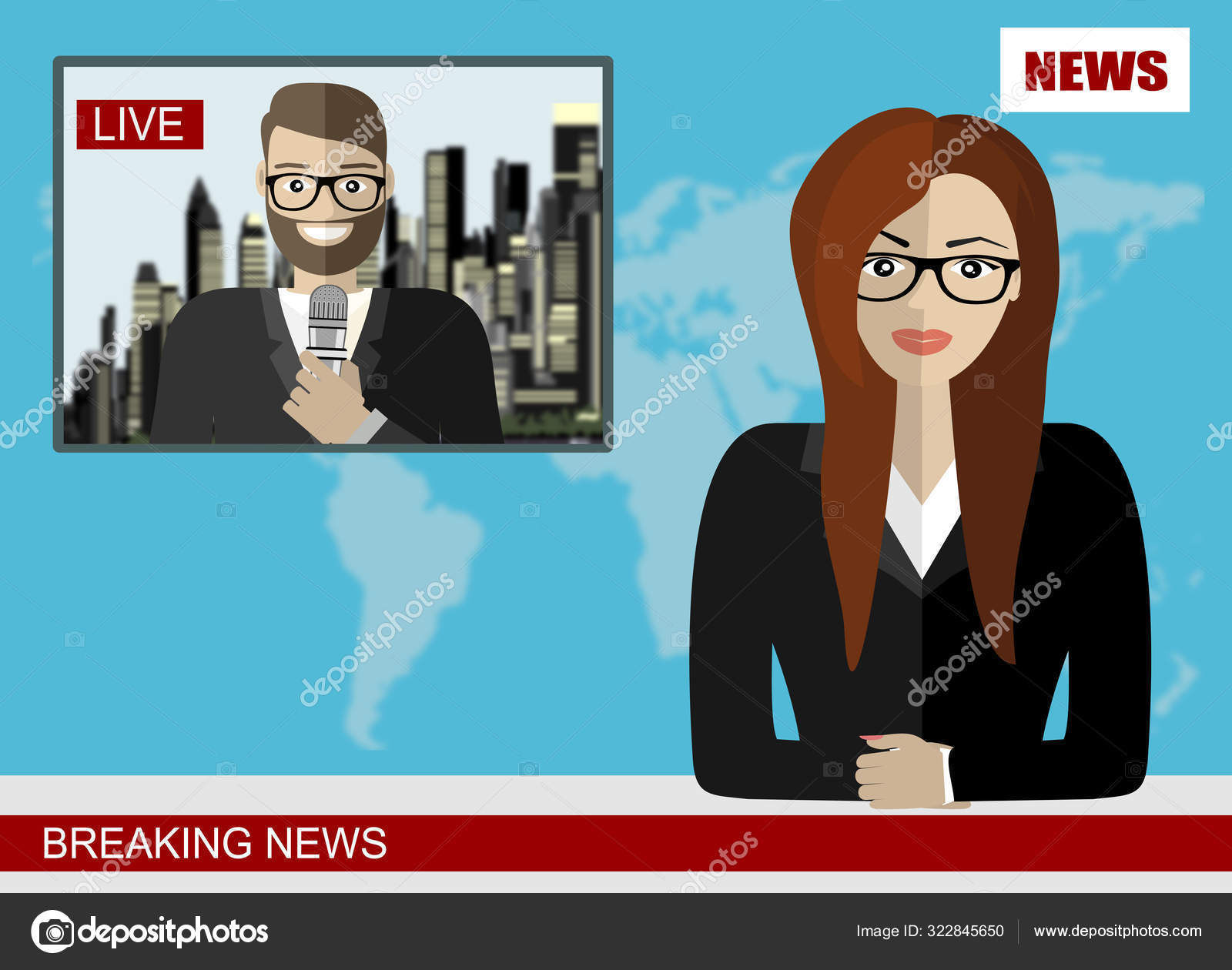News Anchor Broadcasting News Reporter Live Screen Vector Illustration ...