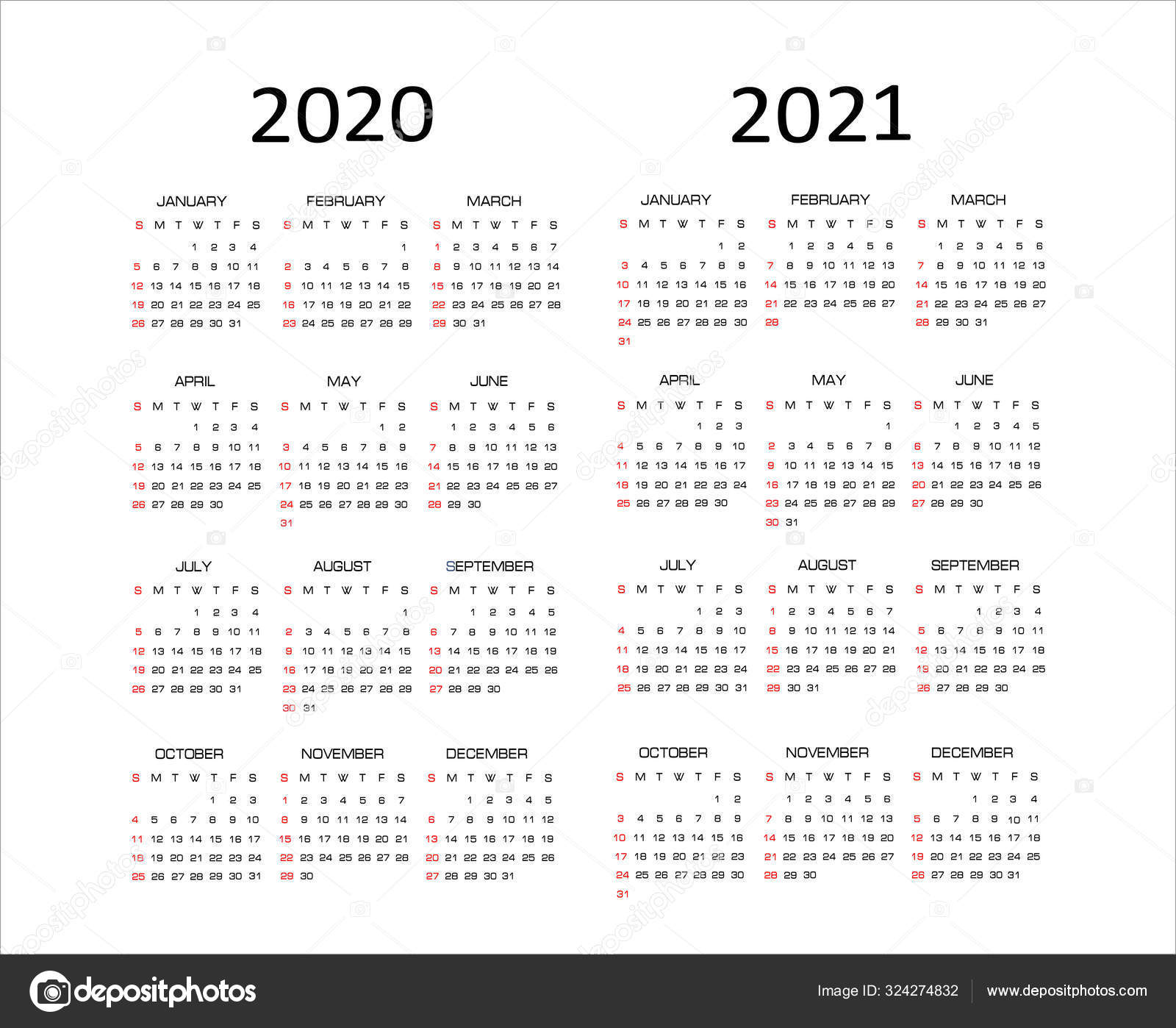 Calendar 2020 Vector Illustration Week Starts Sunday Stock Vector by ...