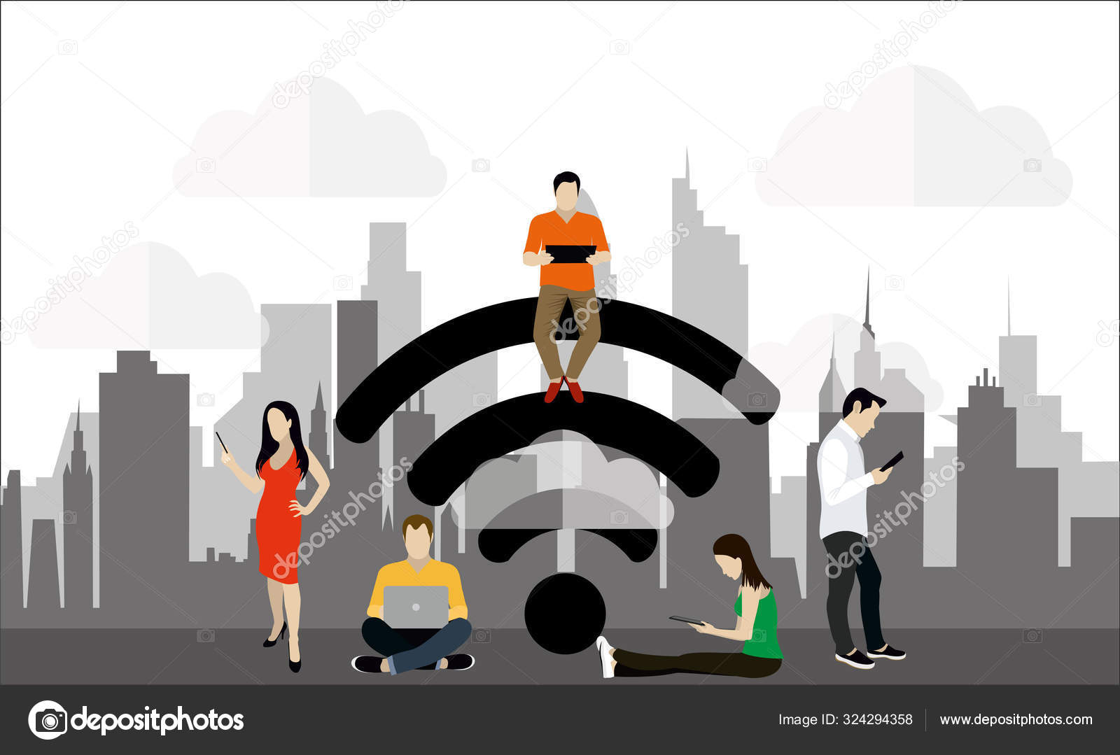 People Free Internet Zone Sitting Big Wifi Sign Vector Illustration ...