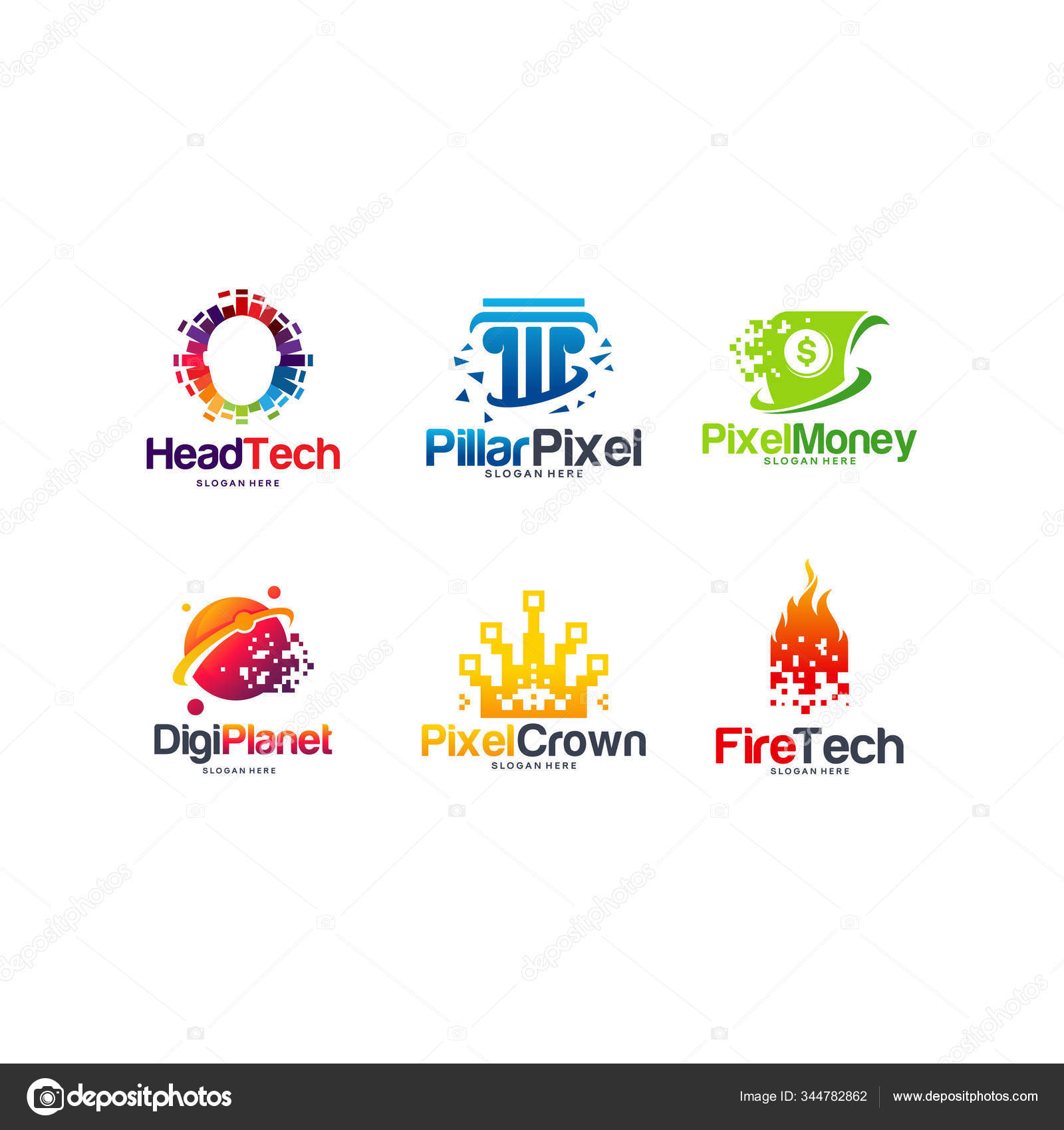 Set of Pixel Tech logo designs concept, Head tech logo, Colorful Head ...