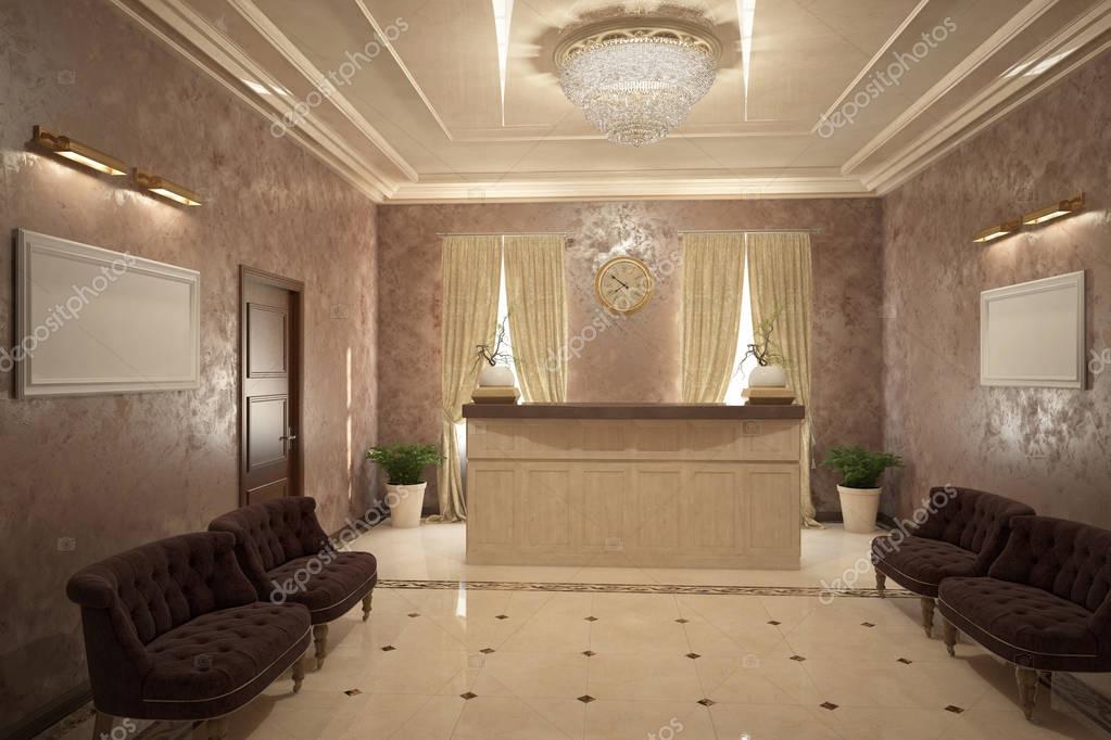 Recepción con paredes de chocolate y suelo de mármol claro _ angle001 ...
