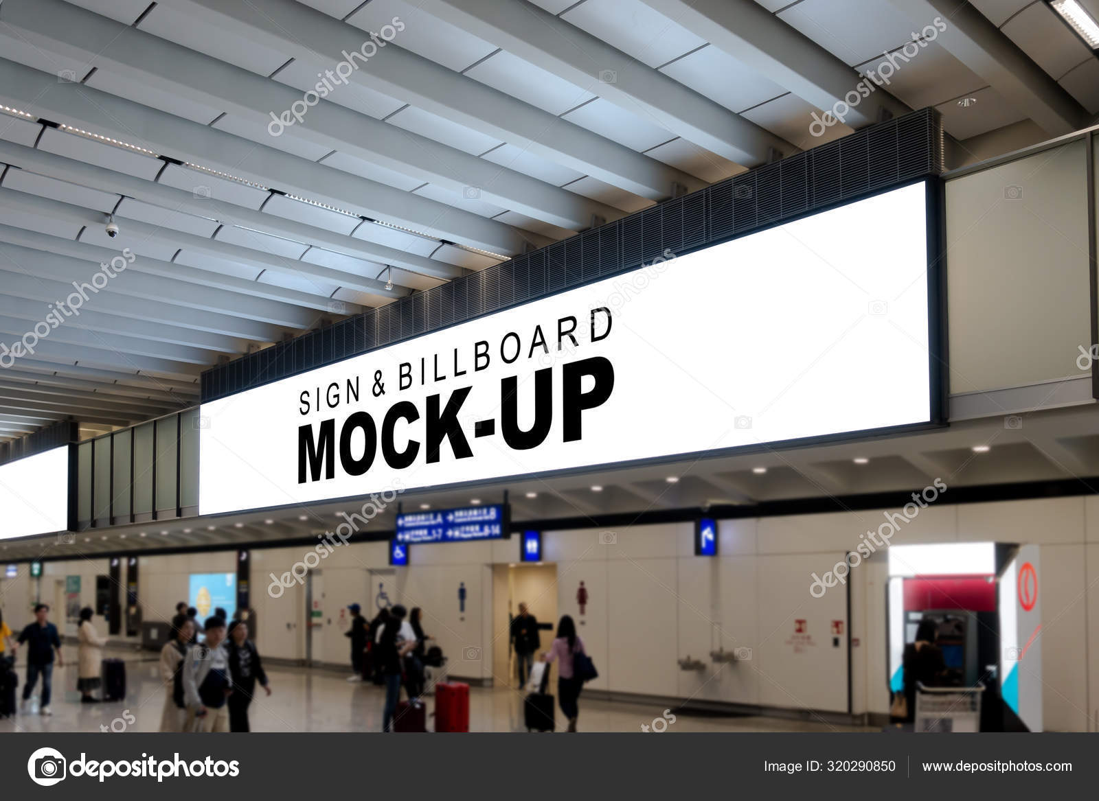 Mock up large billboard frame hanging from ceiling of hall Stock Photo ...