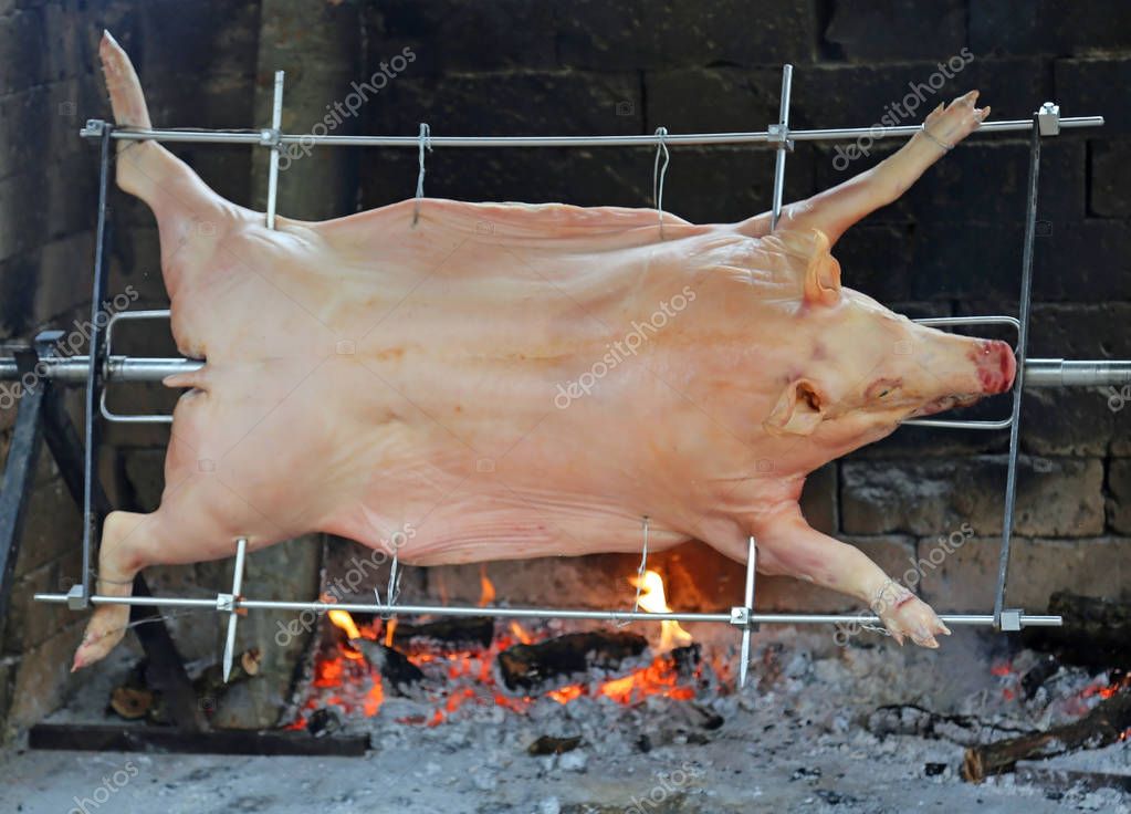 cerdo gordo mientras se cocina en una enorme saliva de restaurante 2022
