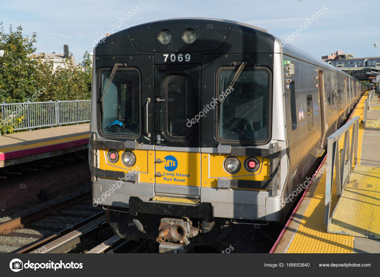 Long Island Railroad train car close up at station platform travel from ...