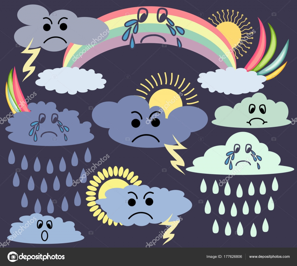 Emotional sun and clouds, stars, rainbow on dark background. Cute ...