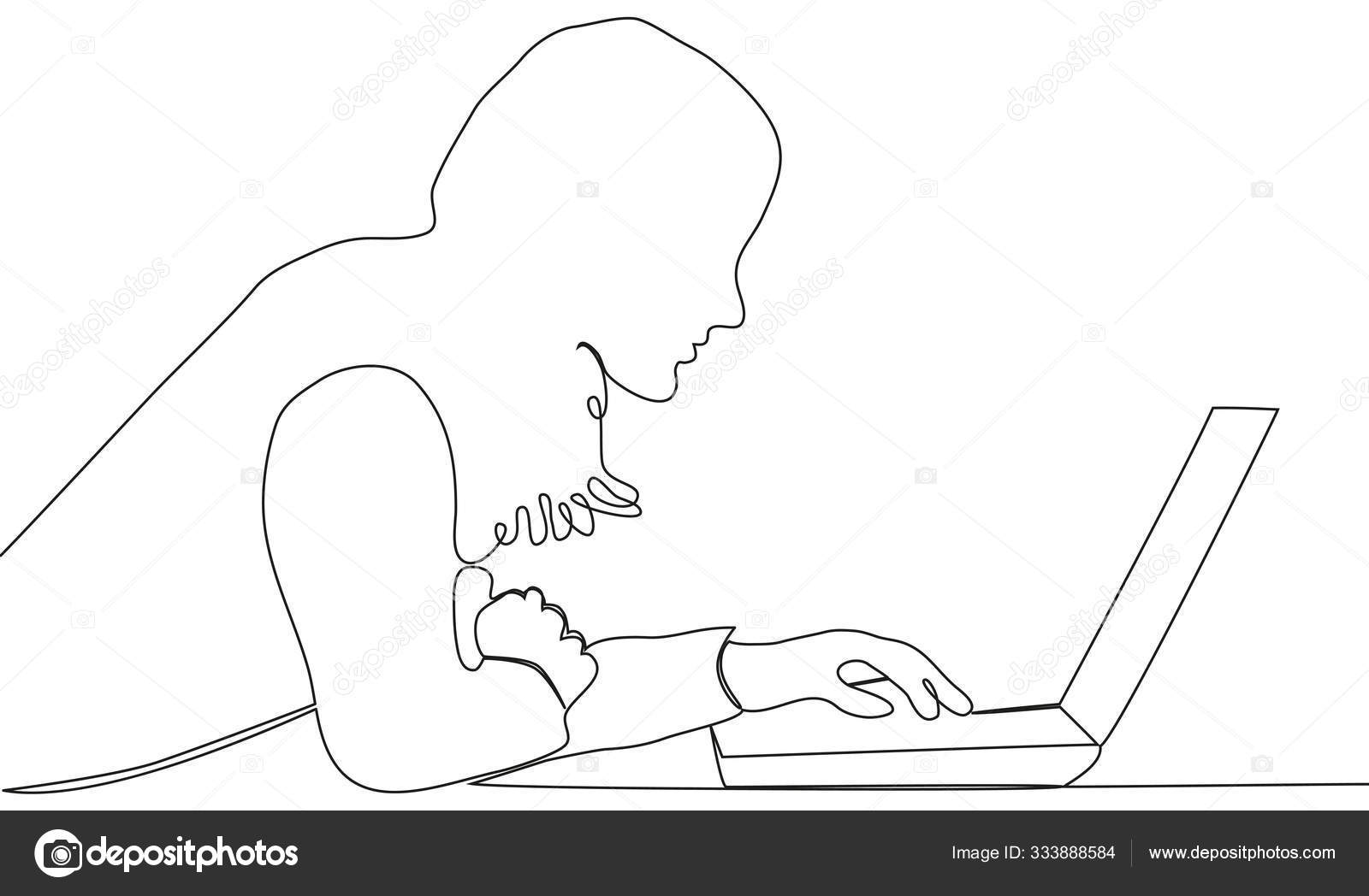 Continuous line drawing of woman sitting with computer laptop. Stock ...