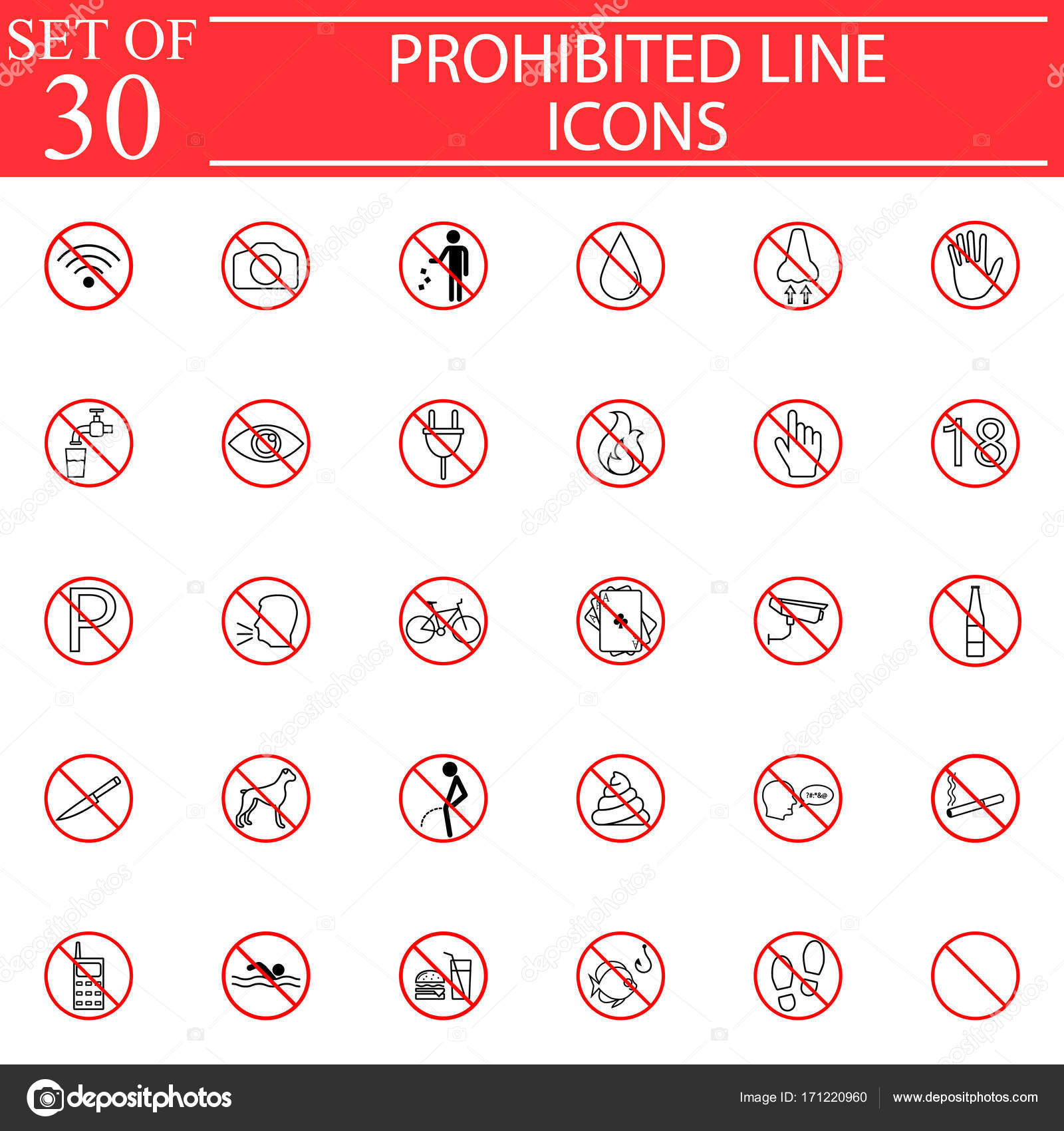 Prohibited signs line icon set, Forbidden symbols Stock Vector Image by ...