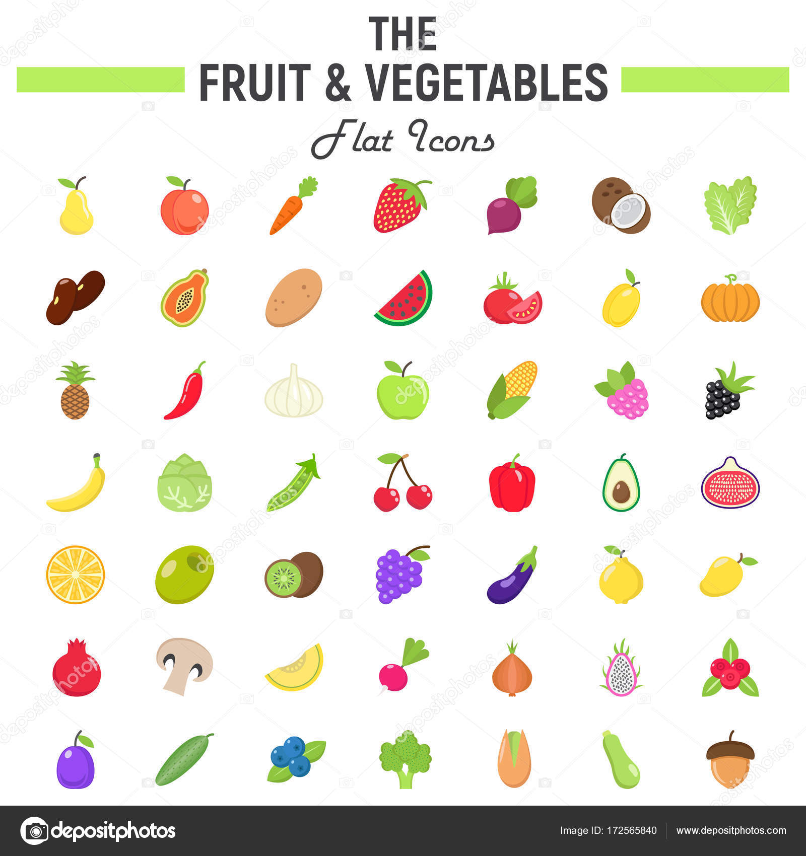 Ensemble d'icônes plates pour fruits et légumes, symboles alimentaires ...