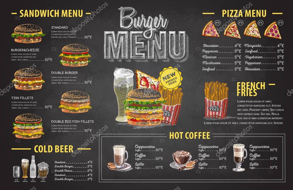 Vintage chalk drawing burger menu design. Fast food menu — Stock Vector ...