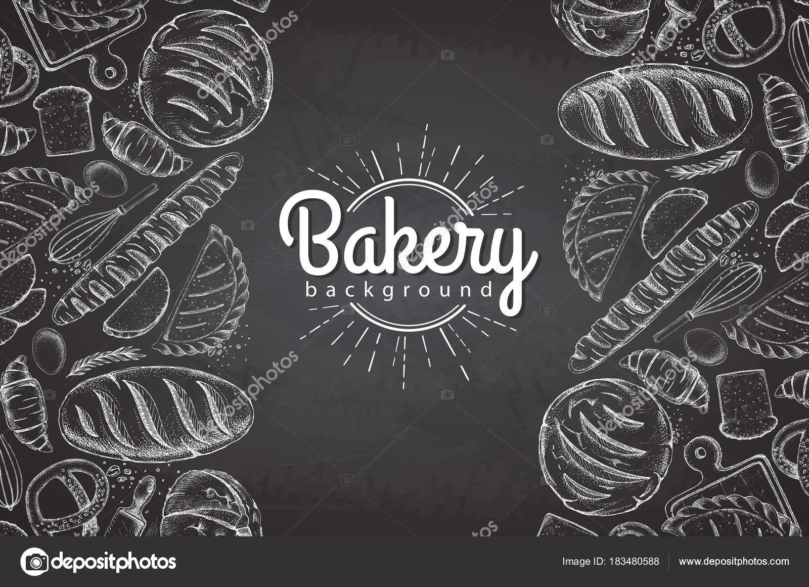 Chalk drawing Bakery background. Top view of bakery products Stock ...