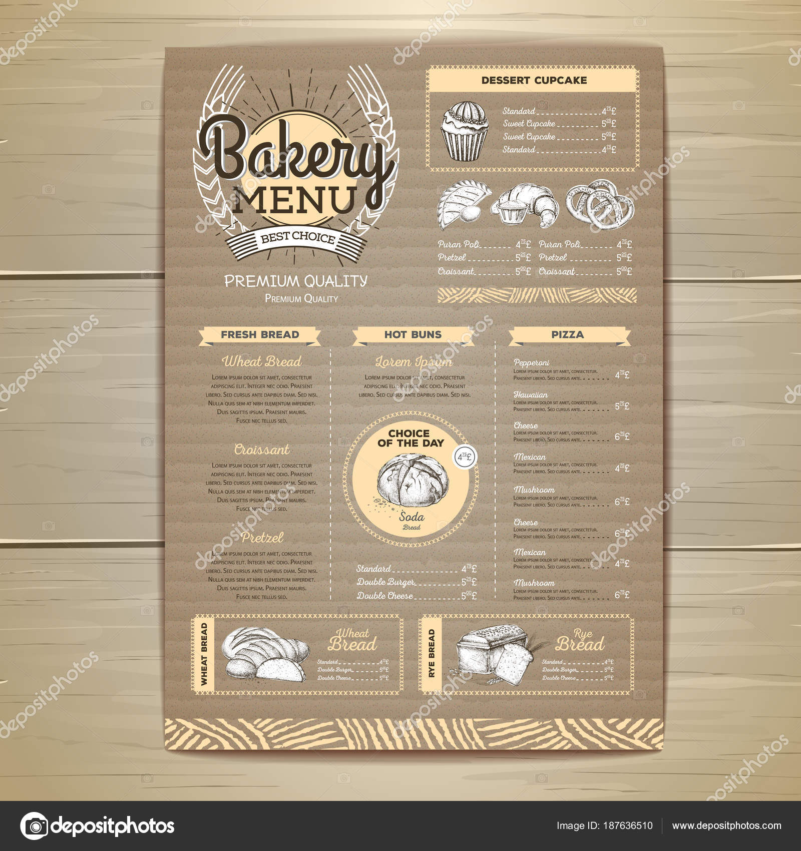 Vintage bakery menu design on cardboard background. Restaurant menu ...