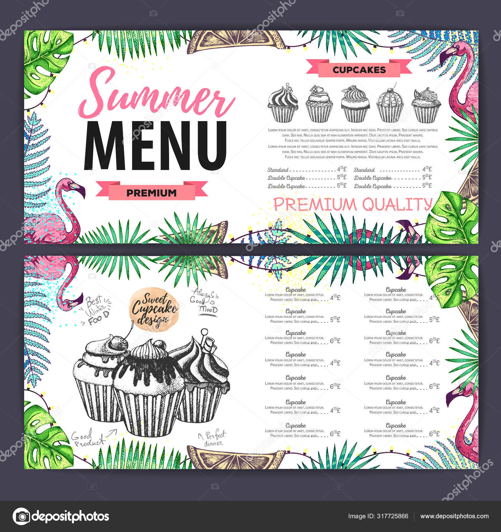 Tangan menggambar desain menu musim panas dengan flamingo dan daun ...