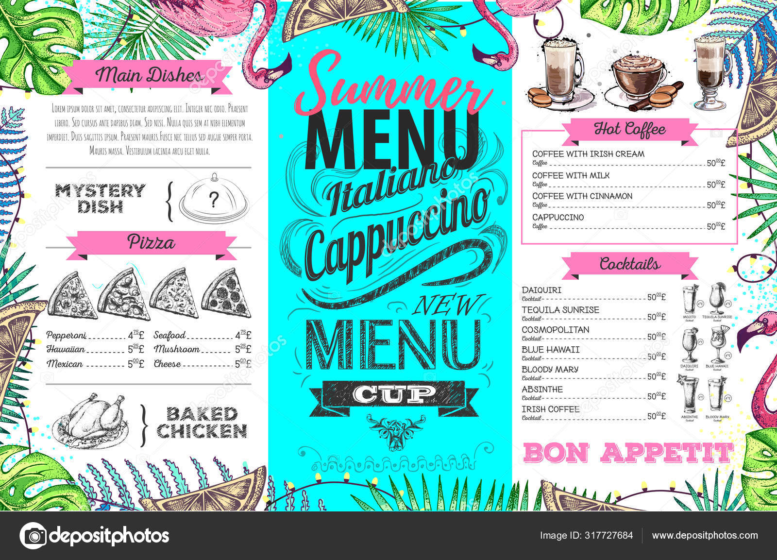 Tangan menggambar desain menu musim panas dengan flamingo dan daun ...