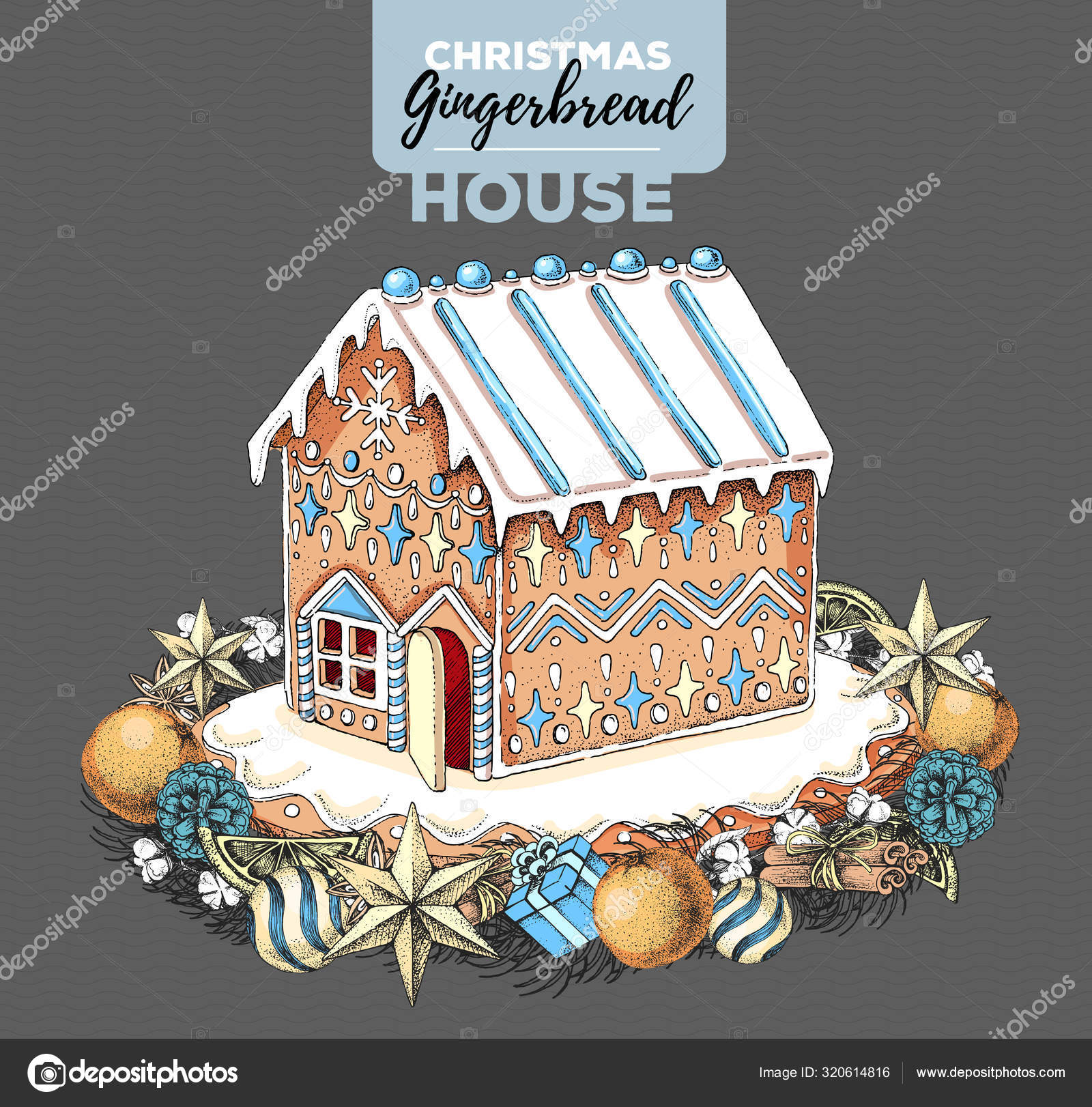 Hand drawing illustration of christmas gingerbread house and holiday ...