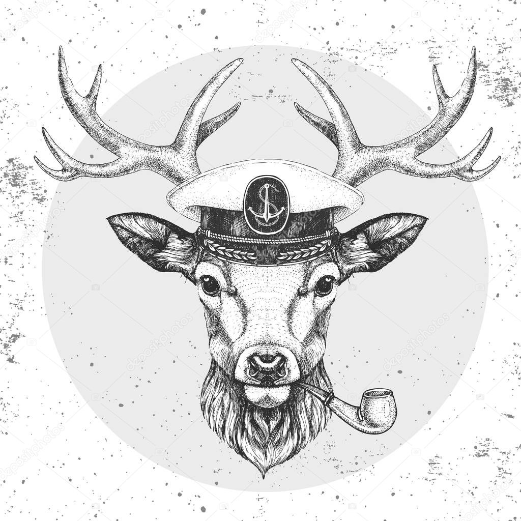 Ciervo Hipster en gorra de capitán y pipa humeante. Dibujo a mano Bozal ...