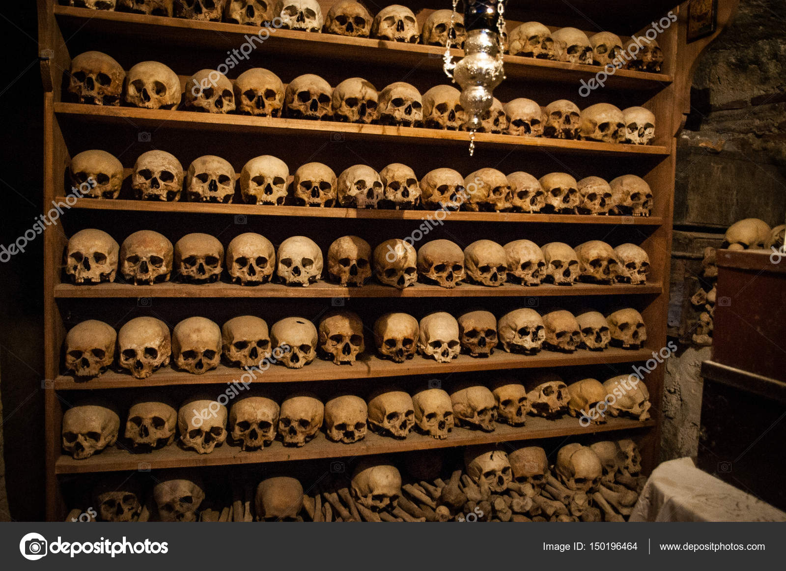 2016, Greece Meteora, wall of skulls inside one of the monasteries ...
