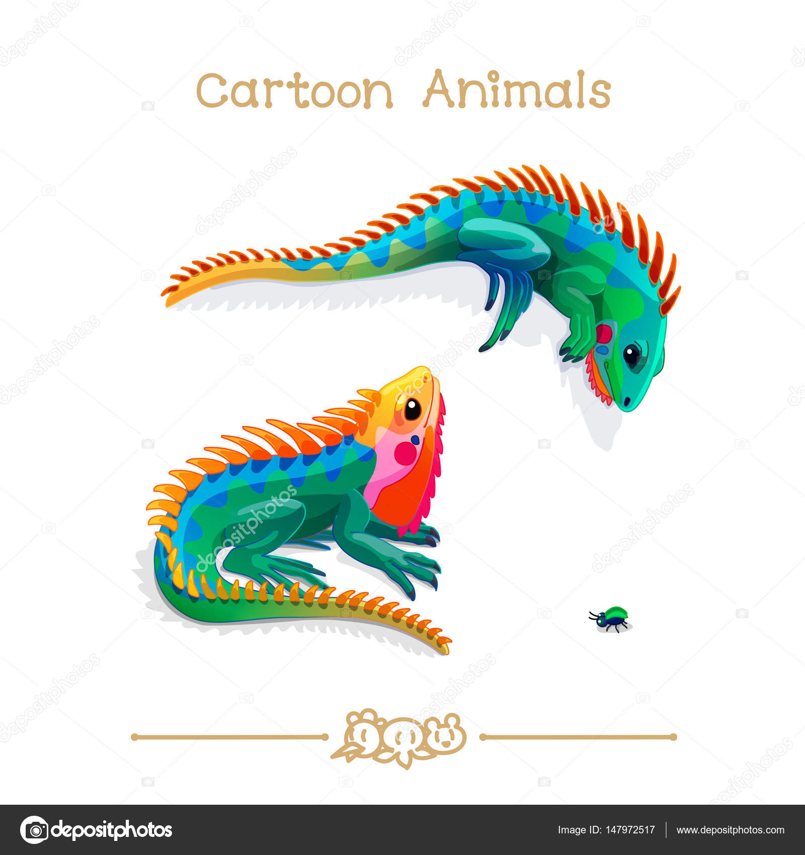Toons series cartoon animals: multicolored iguanas and bug Stock Vector ...