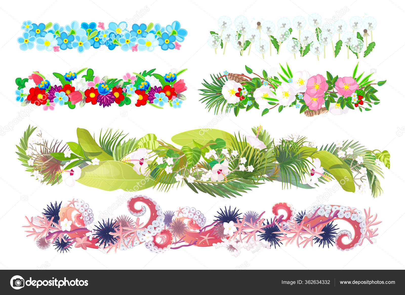 Conjunto Fronteras Dibujos Animados Vectoriales Trópico Bosque Mar ...