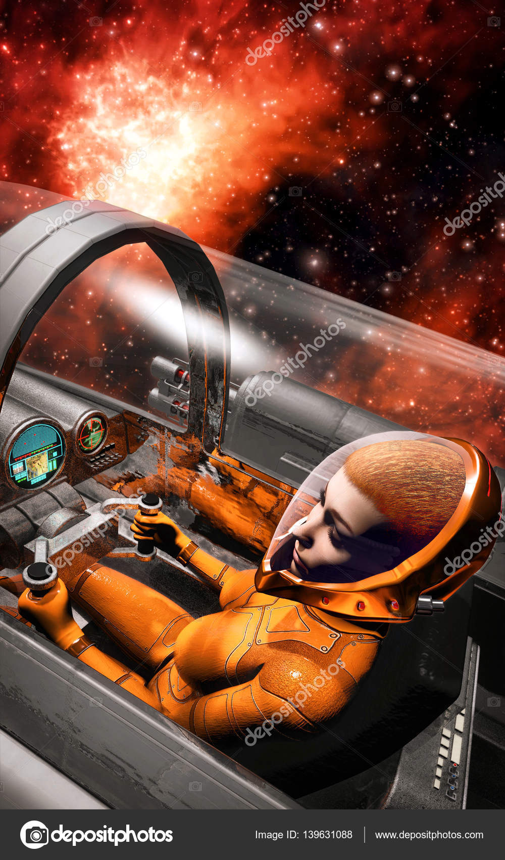 Space pilot woman inside spaceship cockpit Stock Photo by ©innovari ...