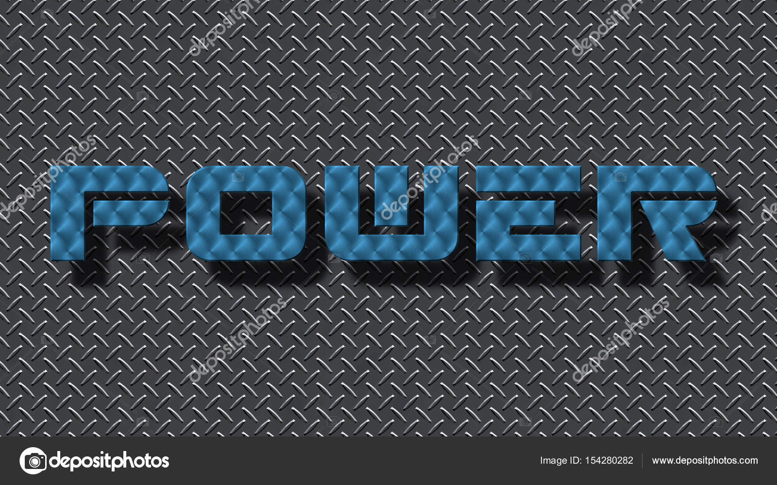 Word "power" written with circular brushed blue metal letters on gray ...