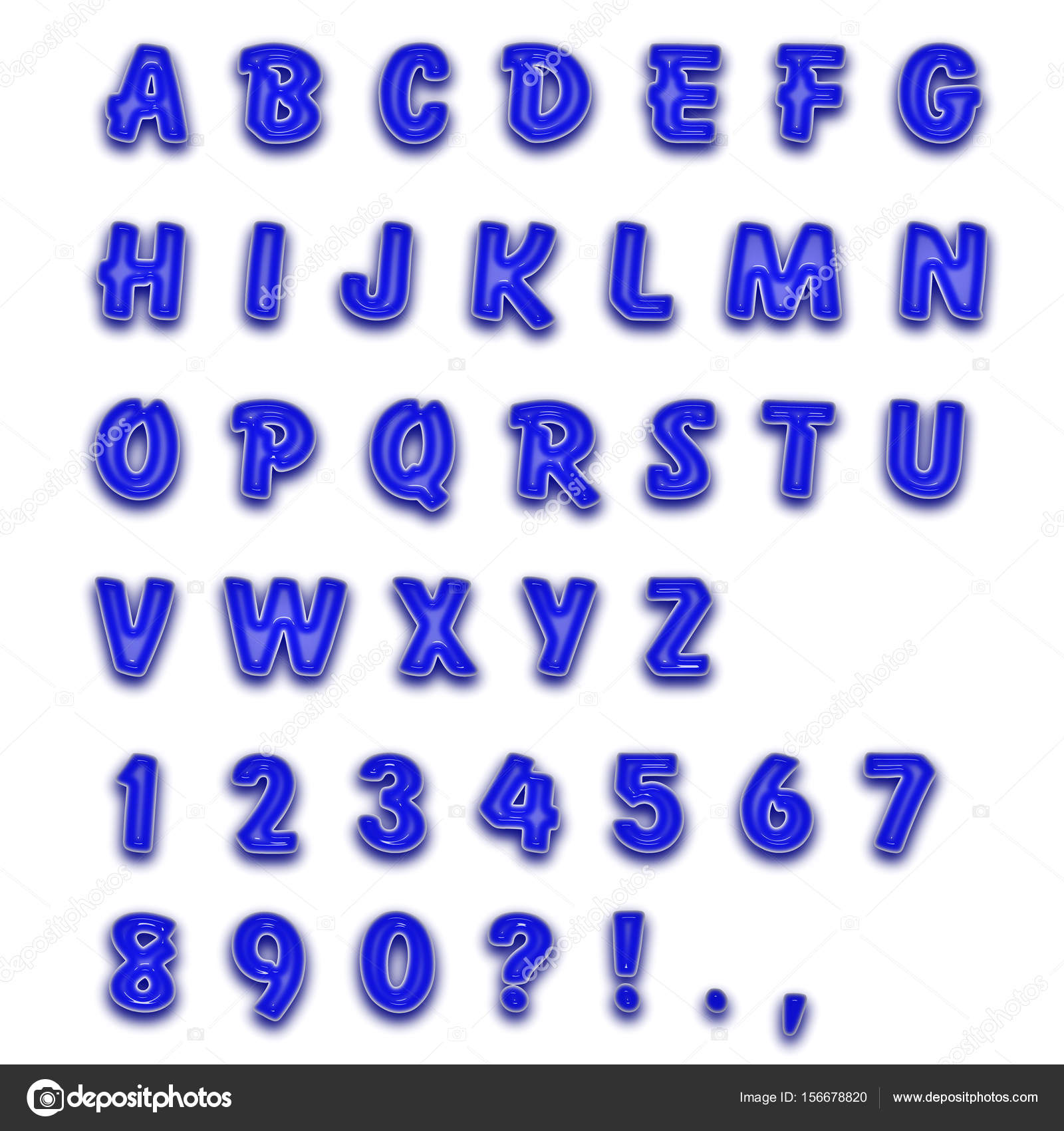 English alphabet and characters made from blue colored glass isolated ...