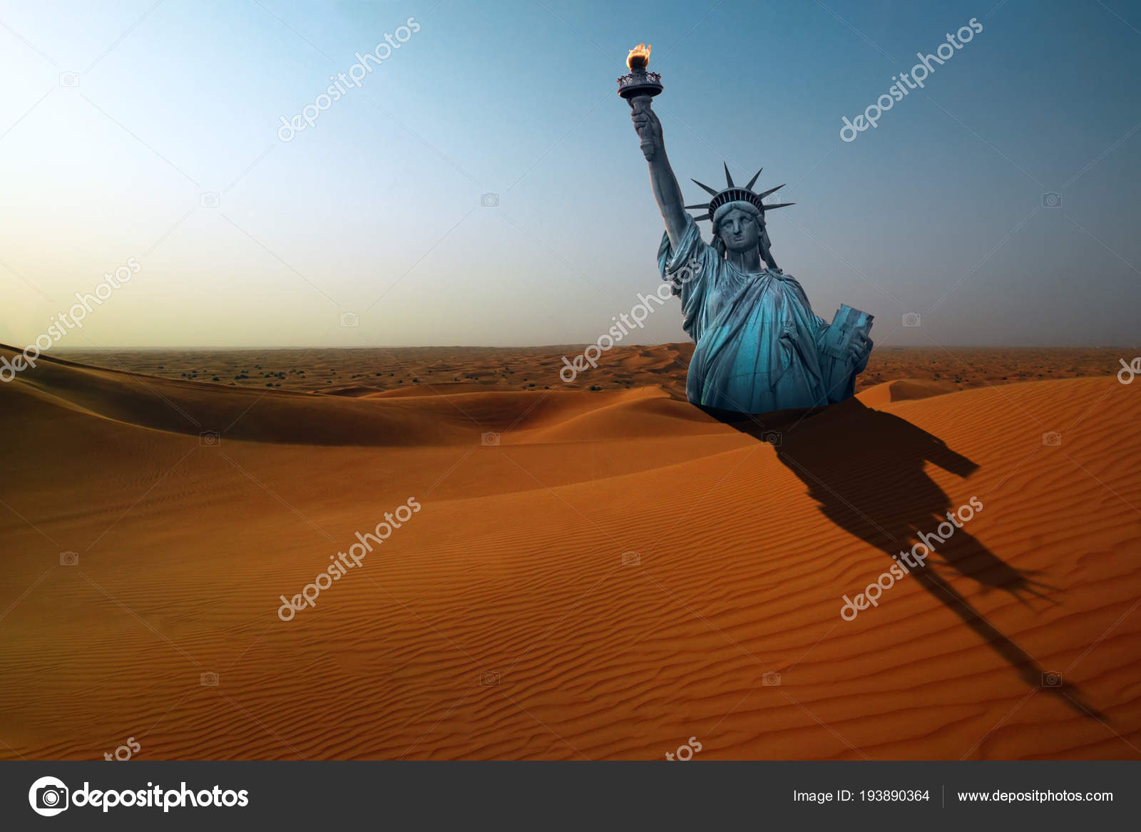Surreal Apocalyptic Desert Landscape Statue Liberty Making Long Shadow ...