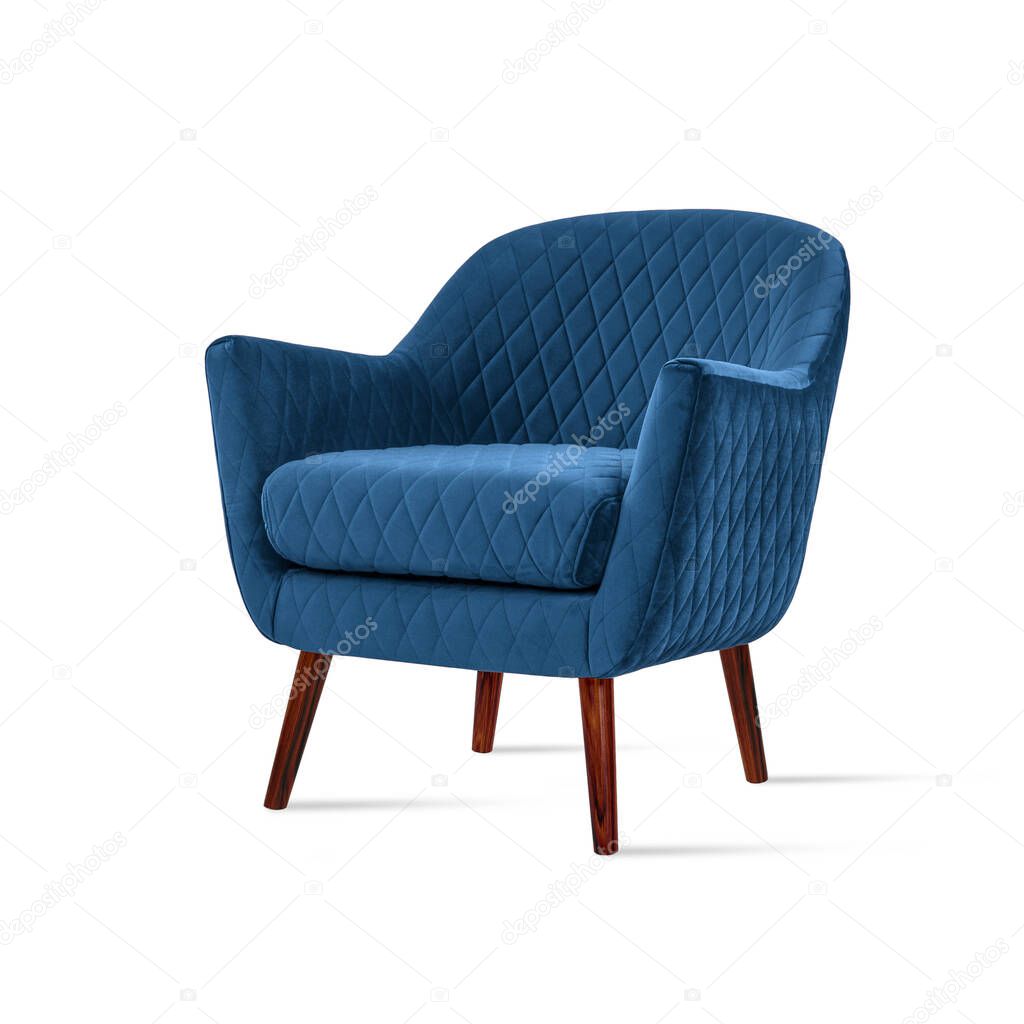 Sillón clásico estilo art deco en terciopelo azul con patas de madera ...