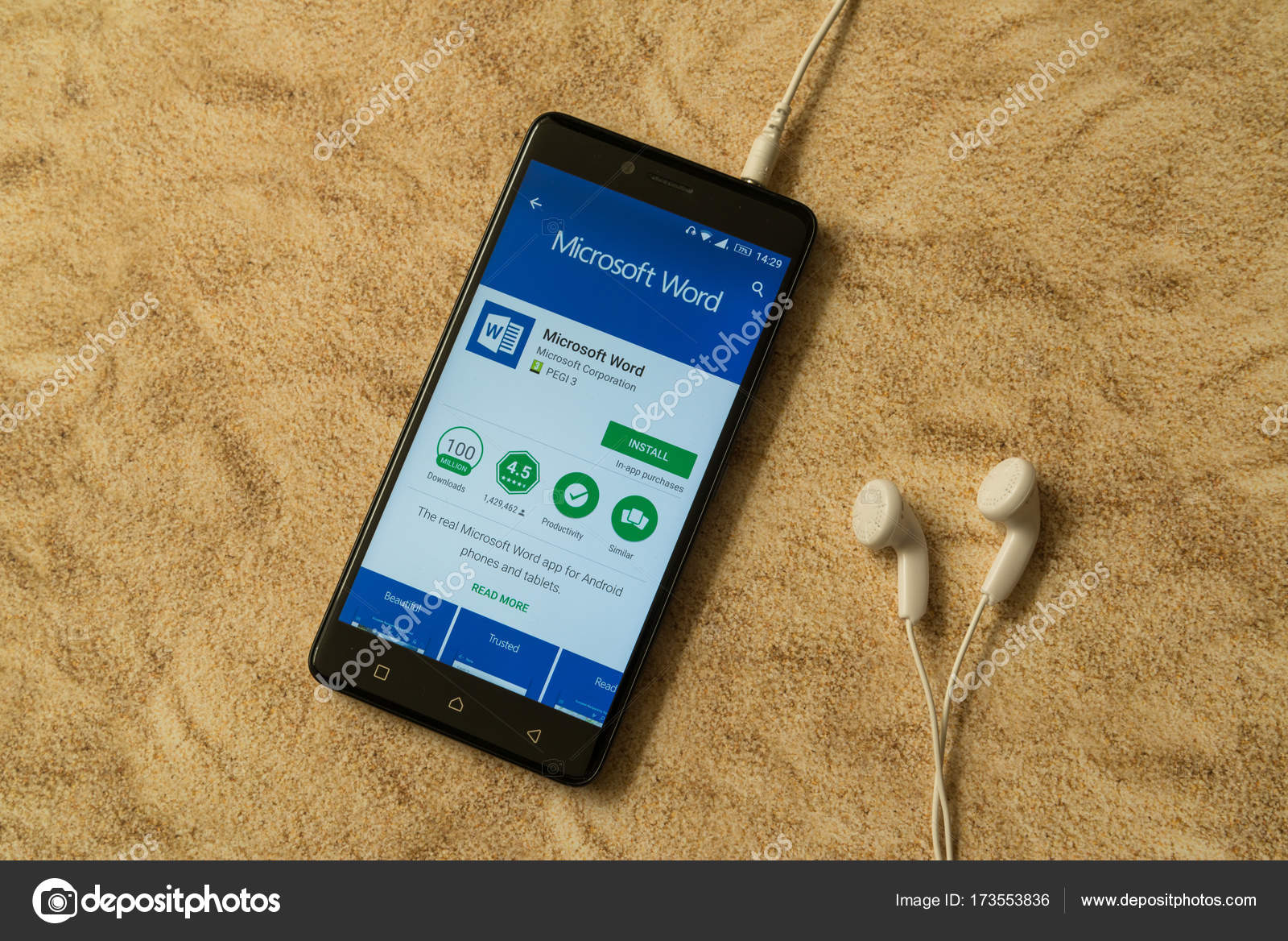Microsoft word application in google play store on sandy background and ...