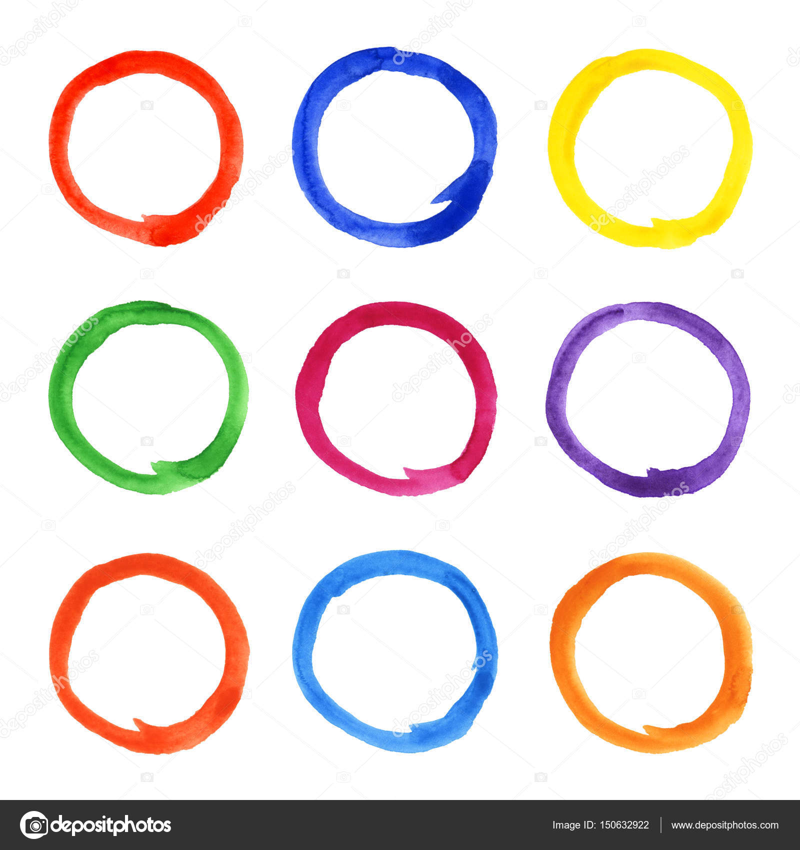 Watercolor round design elements on white. Set of funny circle ...