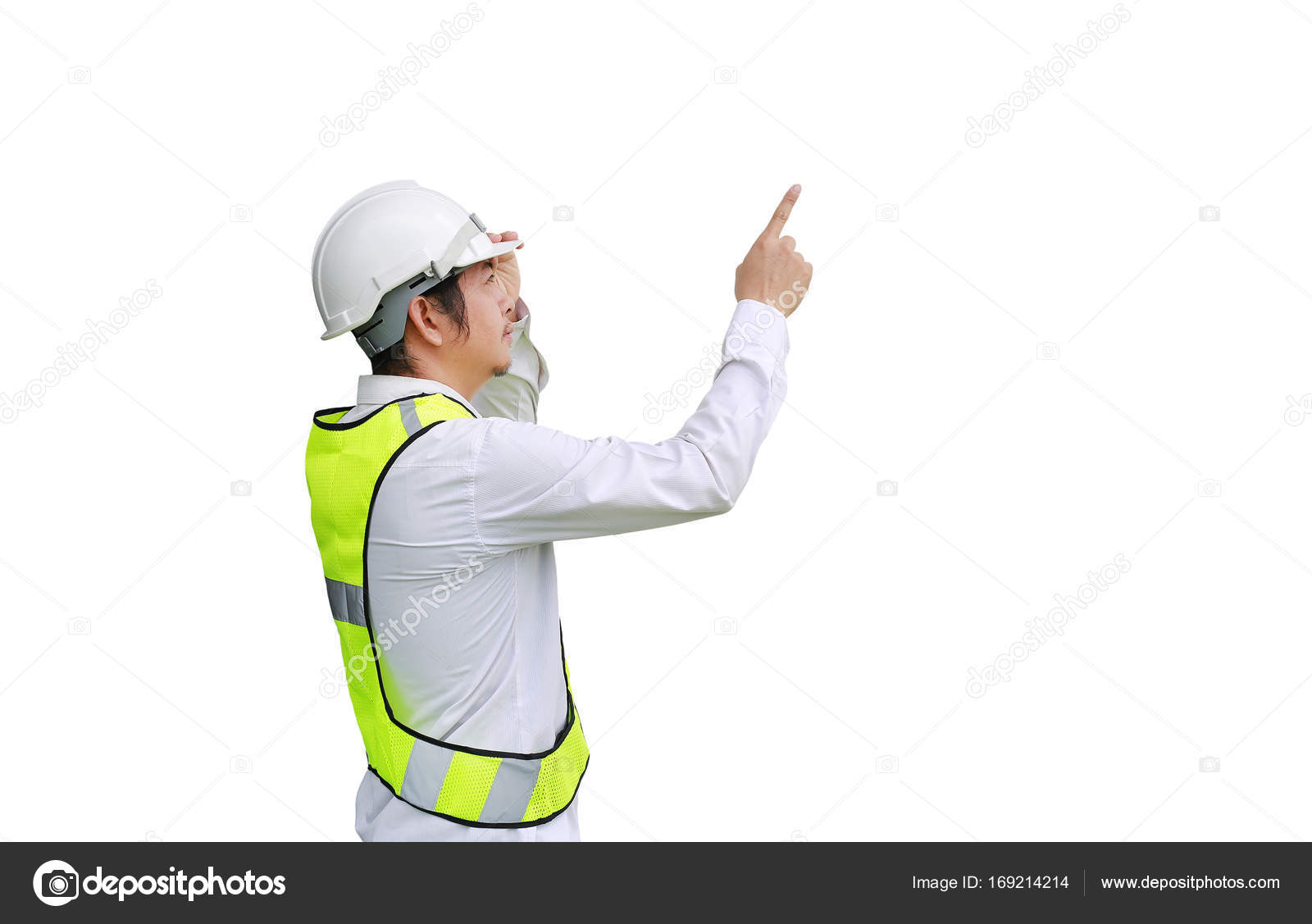 Male construction worker pointing isolated on white background Stock ...