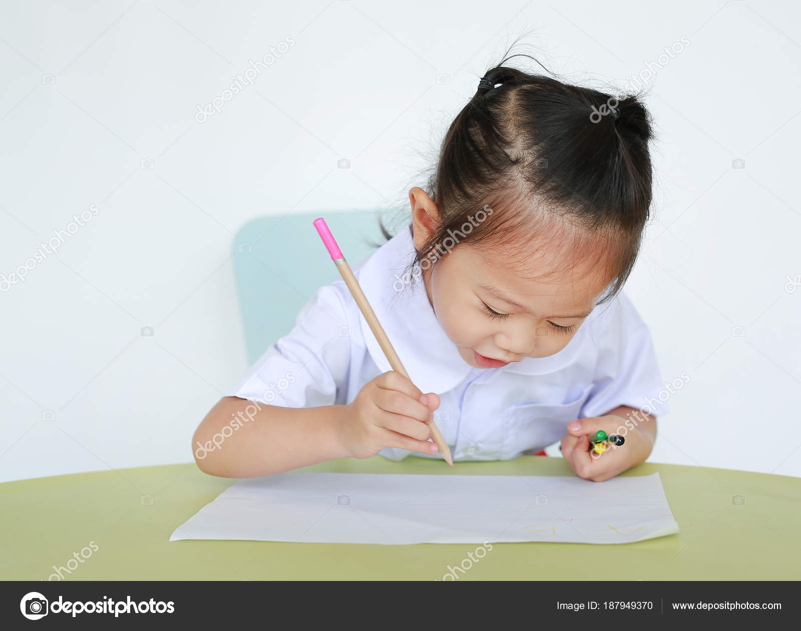 Asian Child School Uniform Pencil Writing Table Isolated White ...