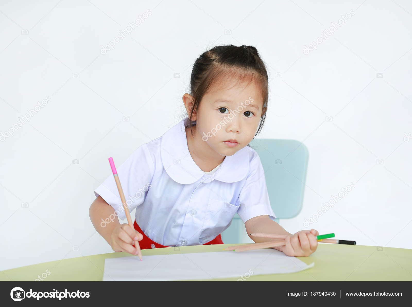Asian Child School Uniform Pencil Writing Table Isolated White ...