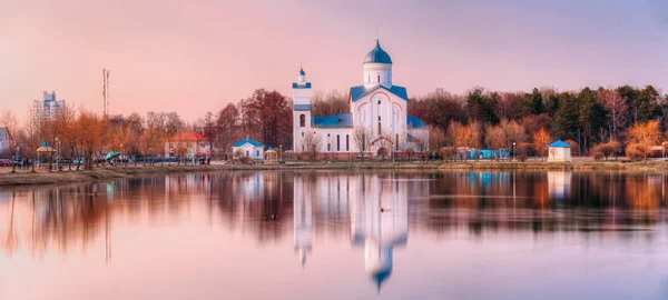 Alexander Nevsky Orthodox Church On Mere Lake Shore, Sunset Sunrise ...