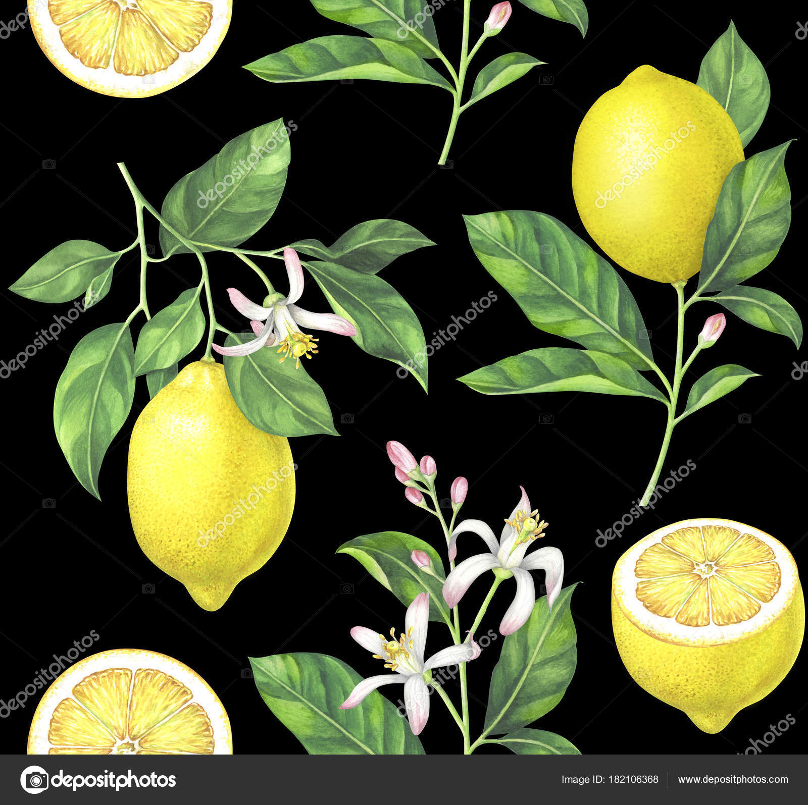 Watercolor lemon pattern on black background Stock Illustration by ©aleksandramartukova@gmail ...